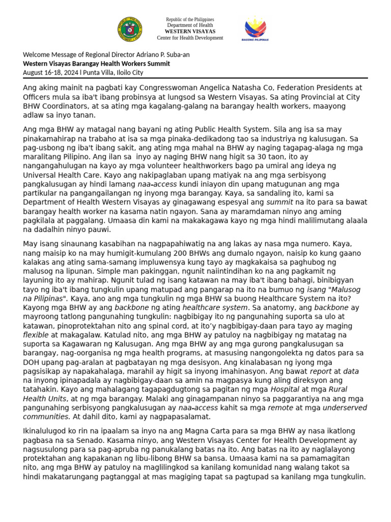 Tagalog RD Speech BHW Summit-1 | PDF