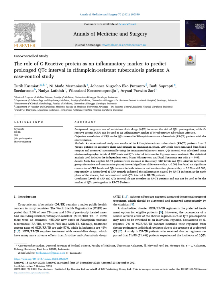 CRP as QTc Predictor in RR-TB Patients | PDF | C Reactive Protein ...