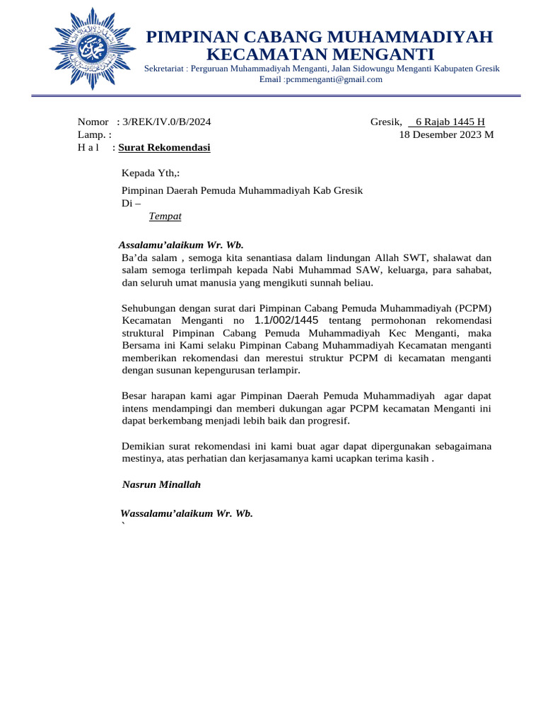 Surat Rekomendasi Pengajuan SK | PDF