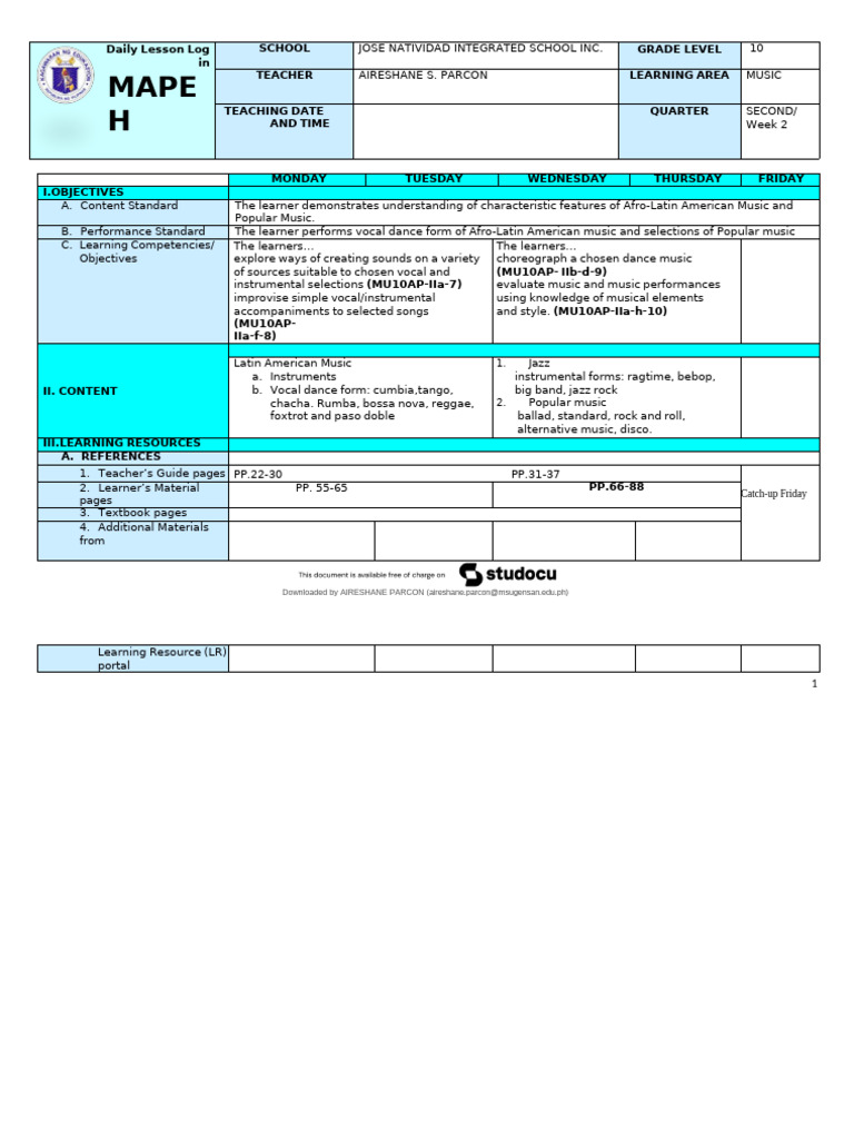MAPEH GRADE 10 WEEK 1 | PDF | Songs | Jazz