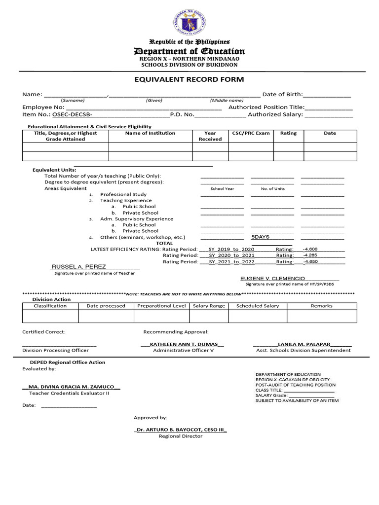 EQUIVALENT RECORD FORM ERF Revised 2023 2 | PDF | Affidavit