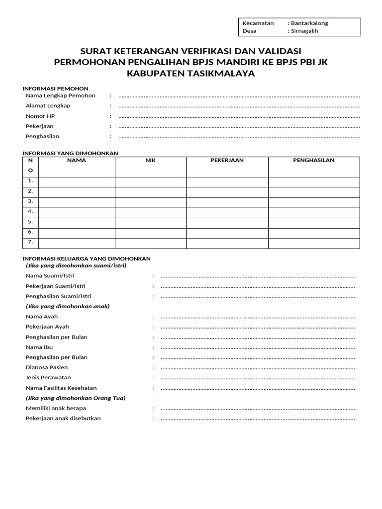 Surat Keterangan Verifikasi Dan Validasi Pengalihan BPJS Mandiri Ke Pbi 1 | PDF