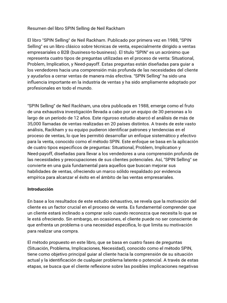 Resumen Del Libro Spin Selling De Neil Rackham Pdf Business