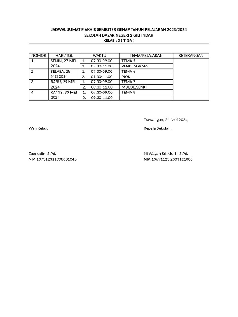 Jadwal Sumatif Akhir Semester Genap Tahun Pelajaran 2023 | PDF