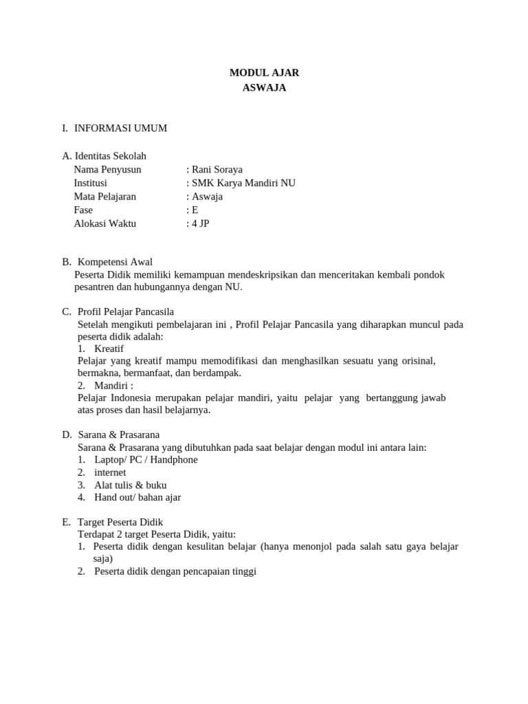 (Rani Soraya) Modul Ajar Kelas X - Mapel Aswaja | PDF | Karier & Perkembangan