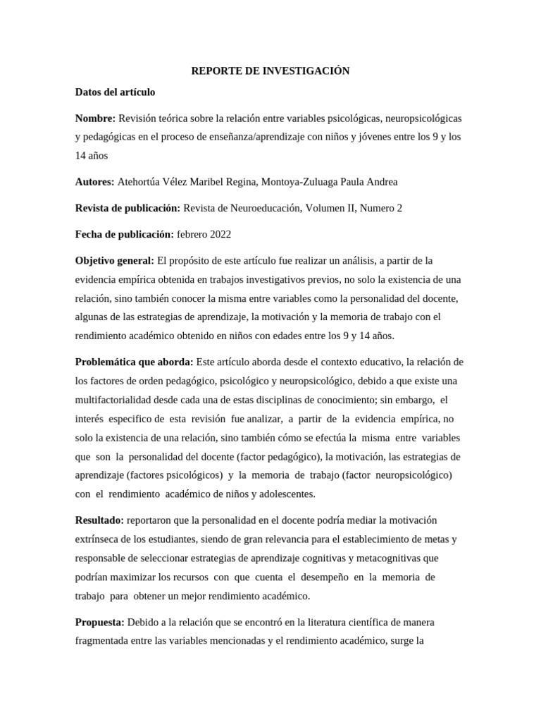 REPORTE DE INVESTIGACION | PDF | Aprendizaje | Neuropsicología