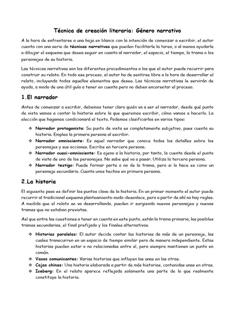 Técnicas Narrativas en la Creación Literaria | PDF | Narración