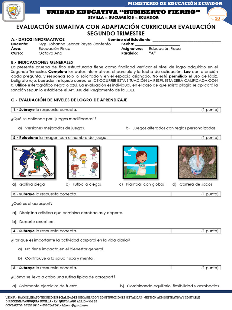 2.- EVA_2do_TRIMESTRE_EDUC_FÍSICA_8°-2023-NEE | PDF | Evaluación