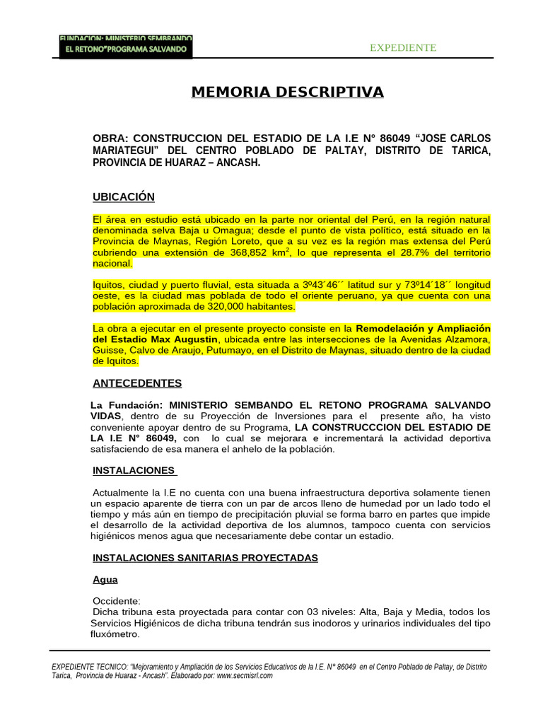 Memoria Descriptiva Del Estadio - Definit | PDF