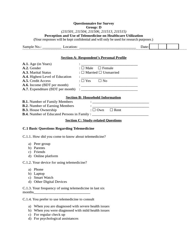 Econ 2204 Group D Questionnaire (1535) | PDF | Health Sciences | Medicine
