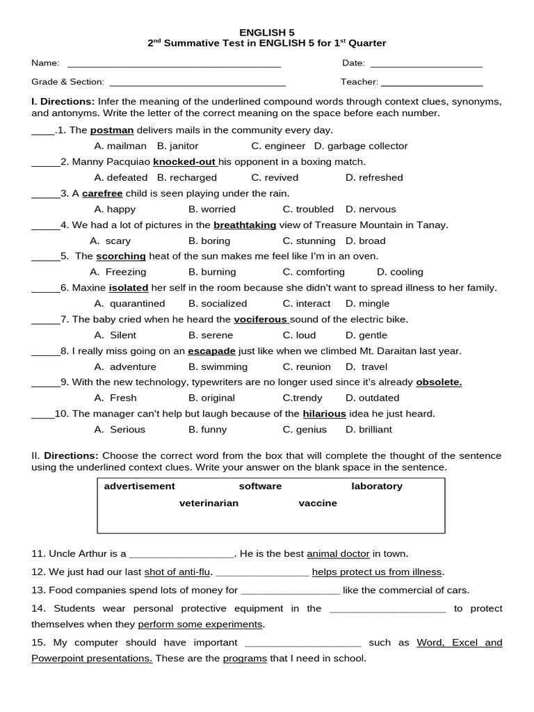 ENG. 5 Q2 Summative 1 | PDF