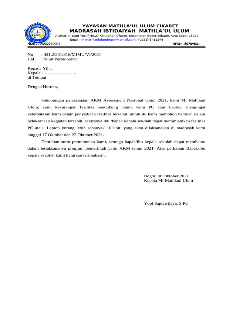 Surat Permohonan Pinjam Laptop | PDF