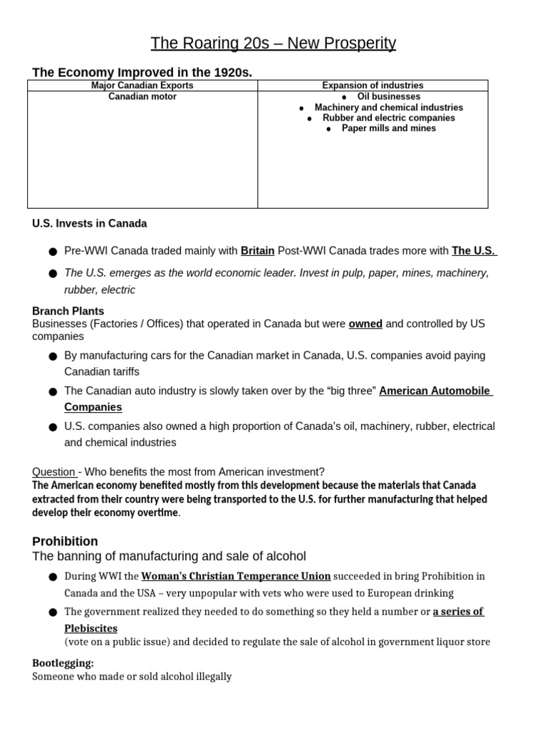 Canadian Economy and Culture in the 1920s | PDF | Prohibition | United ...