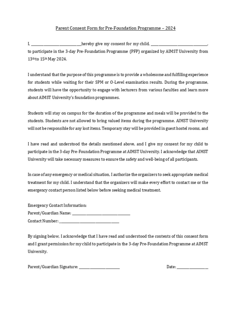 Parent Consent Form For PFP | PDF