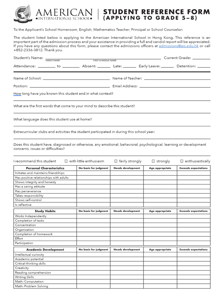 AIS G5-8 Student Reference Form 1[1] | PDF | Teachers | Mathematics