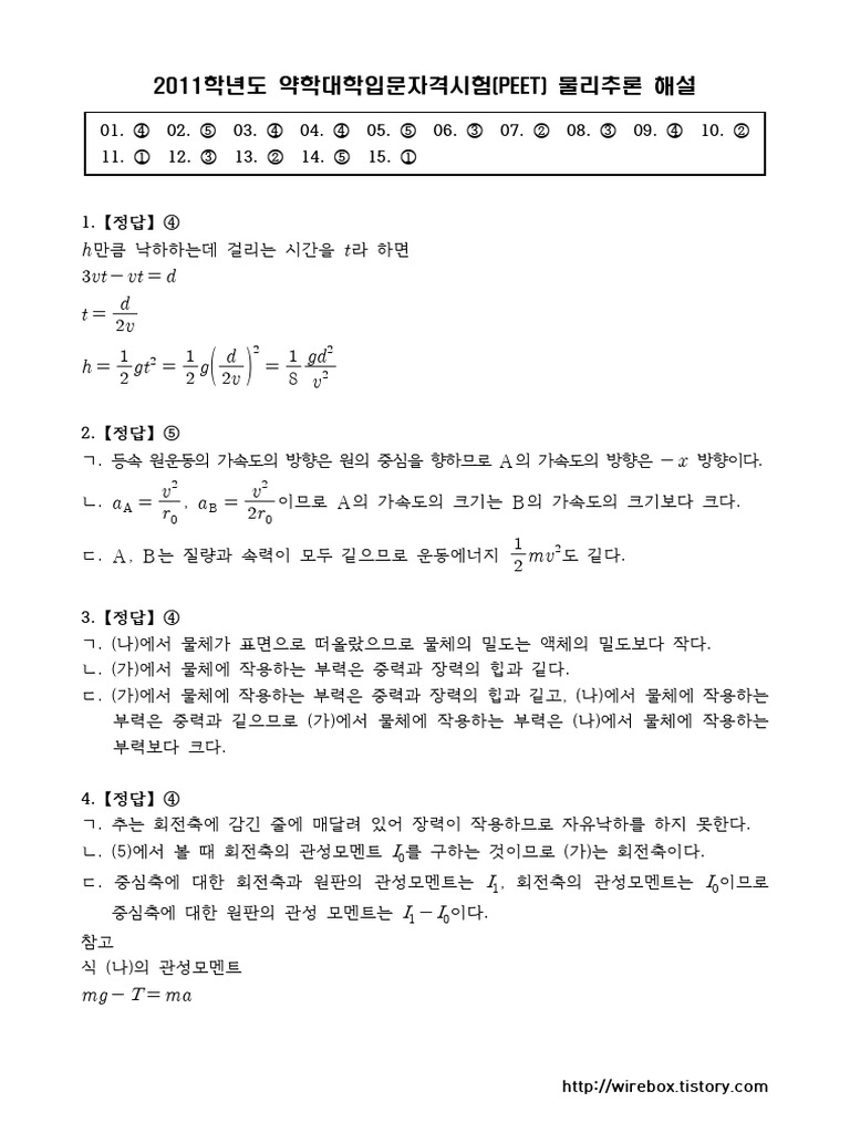 2011학년도 약학대학입문자격시험 (Peet) 물리추론 해설 | PDF