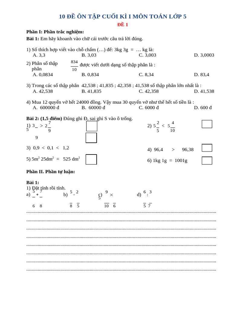 10 ĐỀ TOÁN CK1 LỚP 5 | PDF