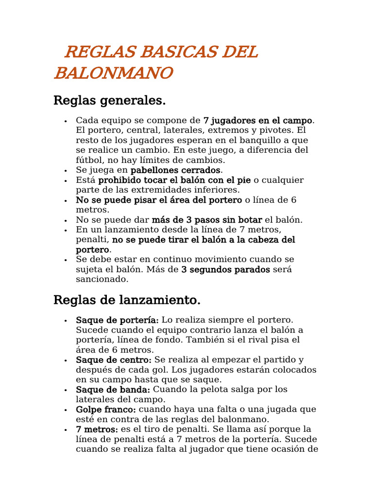 ED. Fisica REGLAS DEL BALONMANO | PDF