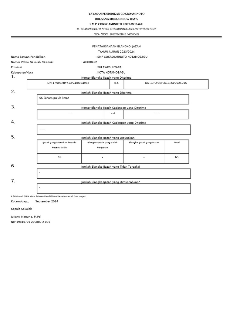 Blangko Ijazah Jenjang SMP 2023-2024 | PDF