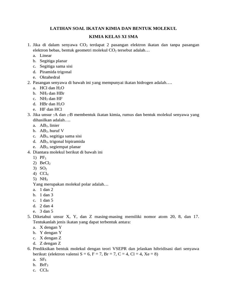 Latihan Soal Ikatan Kimia Dan Bentuk Molekul | PDF