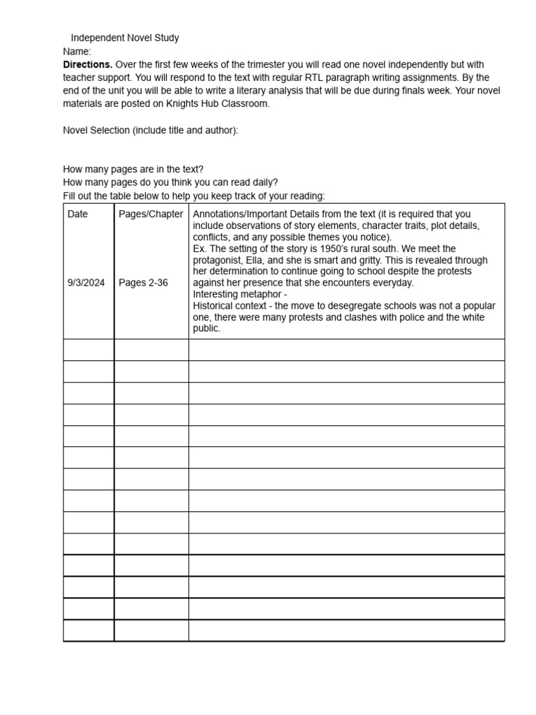 Independent Novel Study Guide | PDF