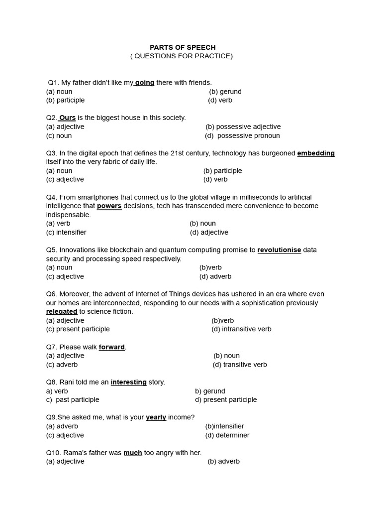 Parts of Speech Answer Key | PDF | Verb | Adjective