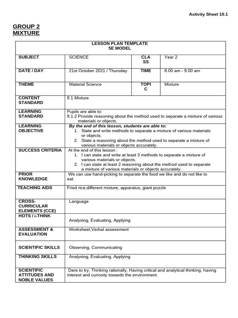 Group 2 - 5. Activity Sheet 10.1 Lesson Plan Template - 5E Model | PDF ...