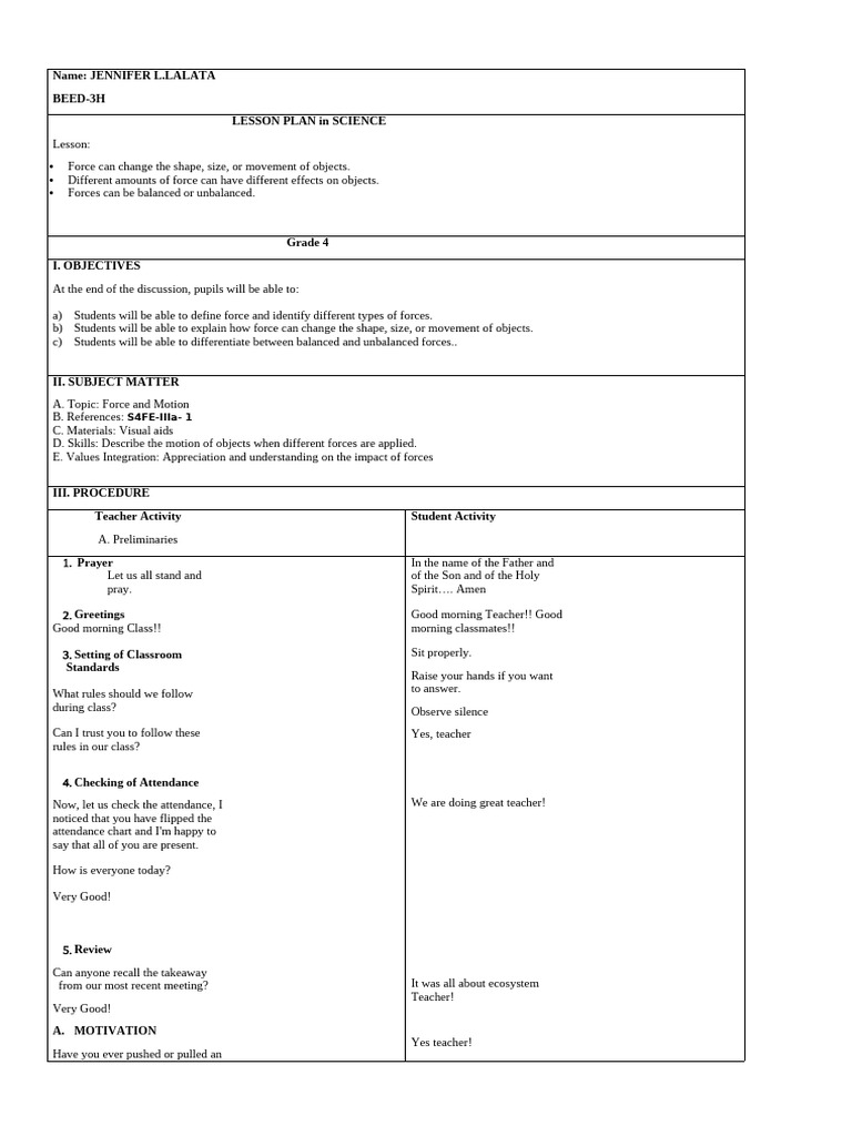Final DLP Science - Jennifer Lalata | PDF | Force | Teachers
