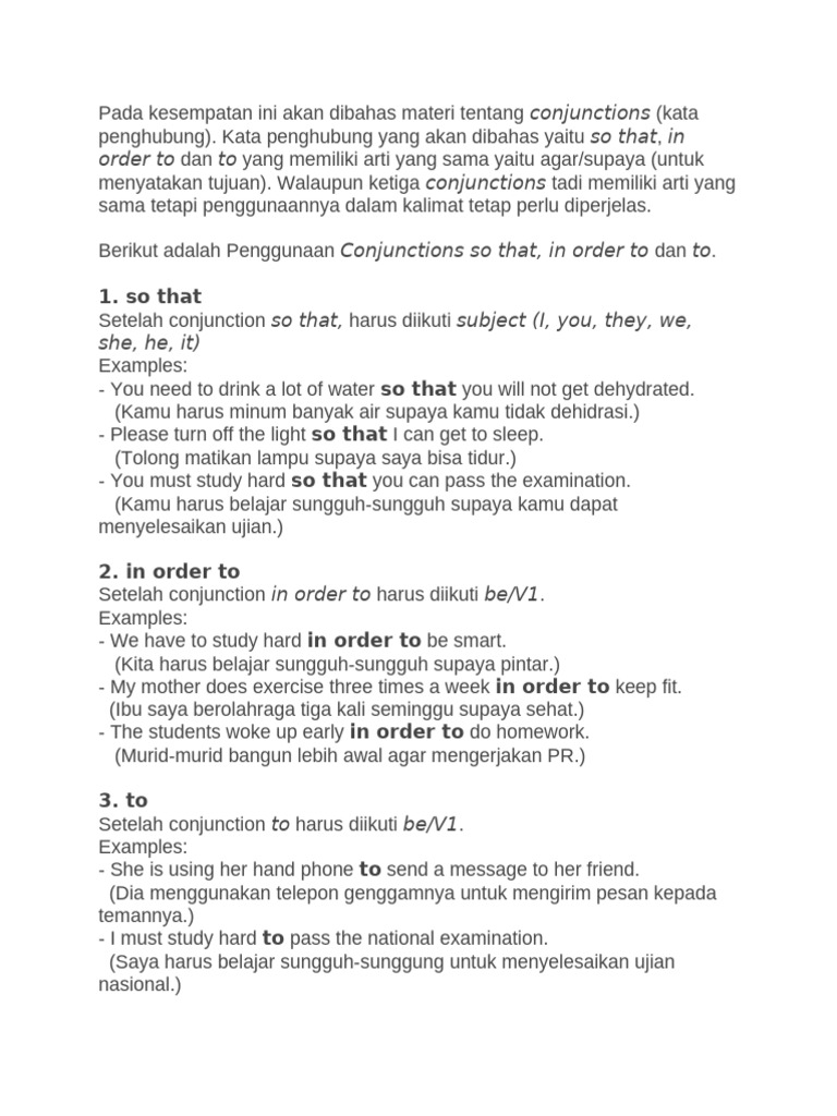 Conjuntion in Order To, So That, To | PDF