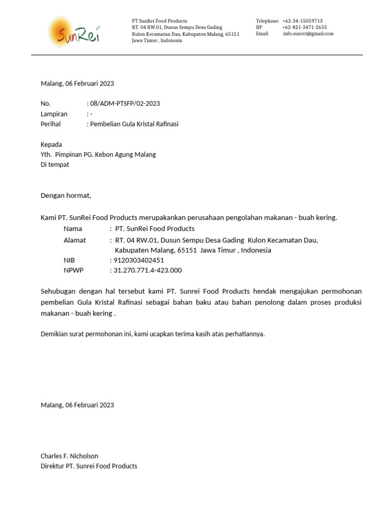 Surat Permohonan Gula Rafinasi | PDF