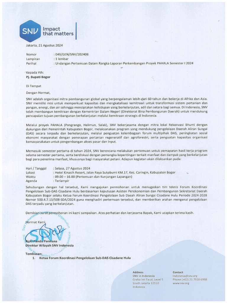 49 - 20240821 Undangan Pertemuan Laporan Perkembangan PAHALA 27 Agust'24 SNV-Setda - CDSigned | PDF