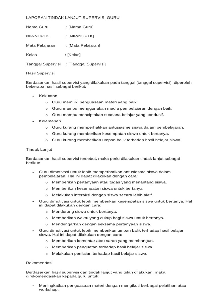 Blangko Laporan Tindak Lanjut Supervisi | PDF