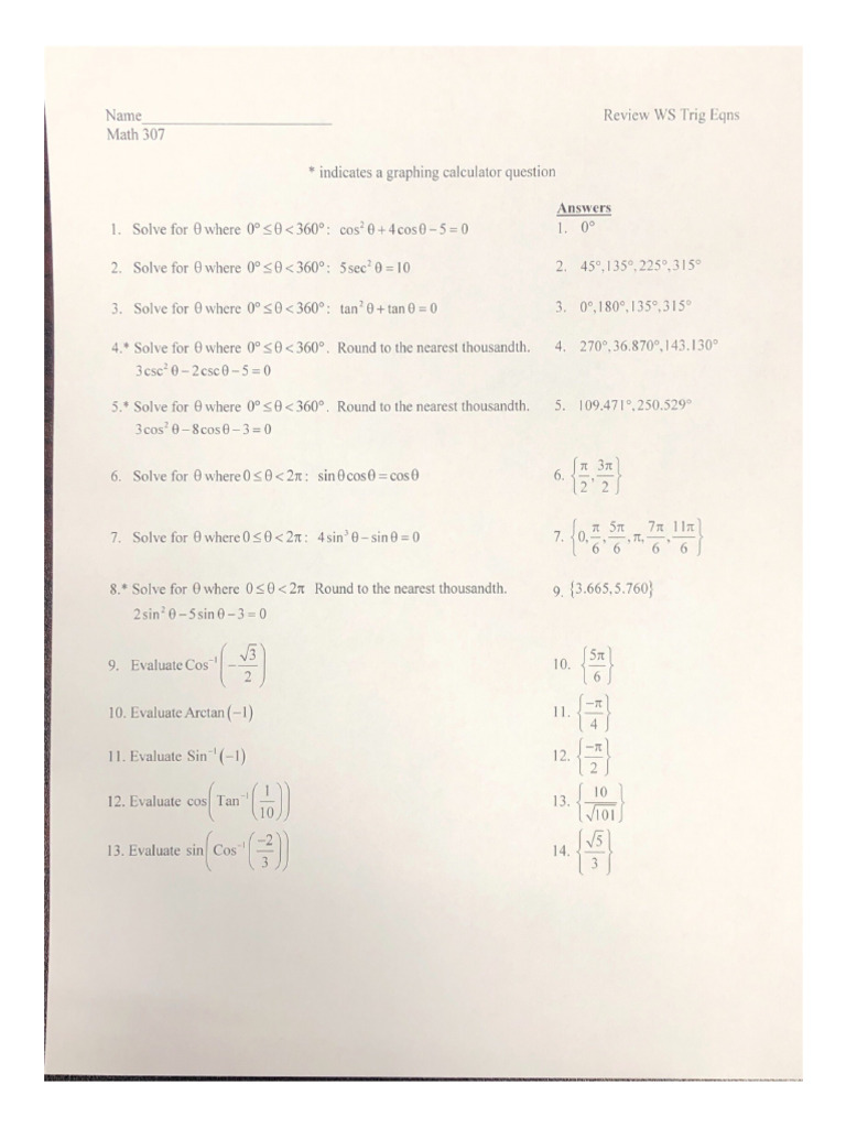 307 Trig Equations Review Sheets & Answer Keys | PDF