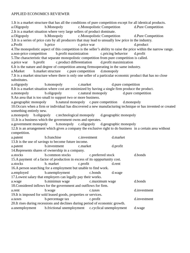 Applied Econ - Reviewer Finals | PDF | Monopoly | Oligopoly