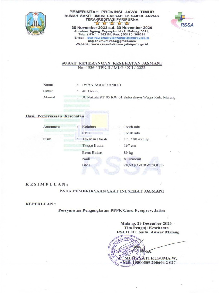 Surat Keterangan Sehat Jasmani Dan Rohani | PDF