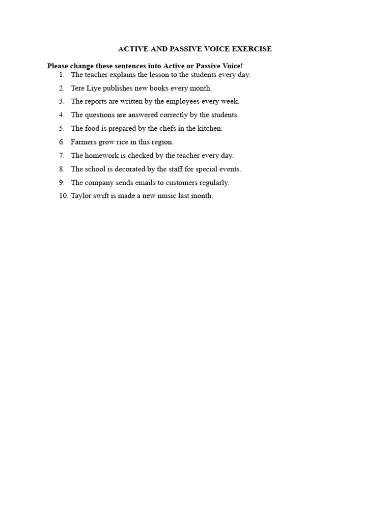 Active and Passive Voice Exercise | PDF