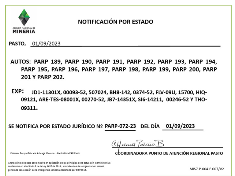 Constancia Notificación Por Estado No. 072 | PDF