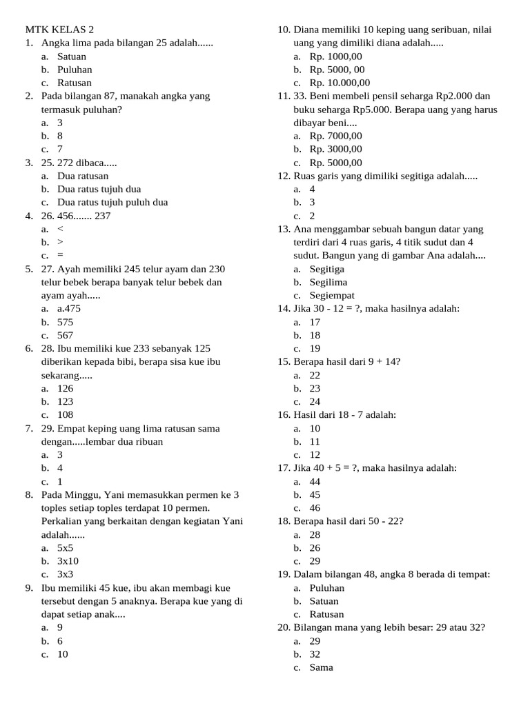 Soal Matematika Kelas 2 SD | PDF