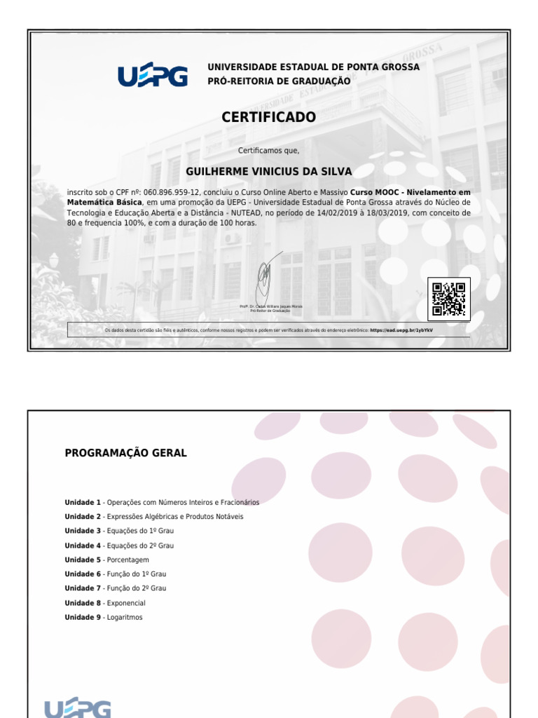 Certificado MOOC Matemática Básica UEPG | PDF