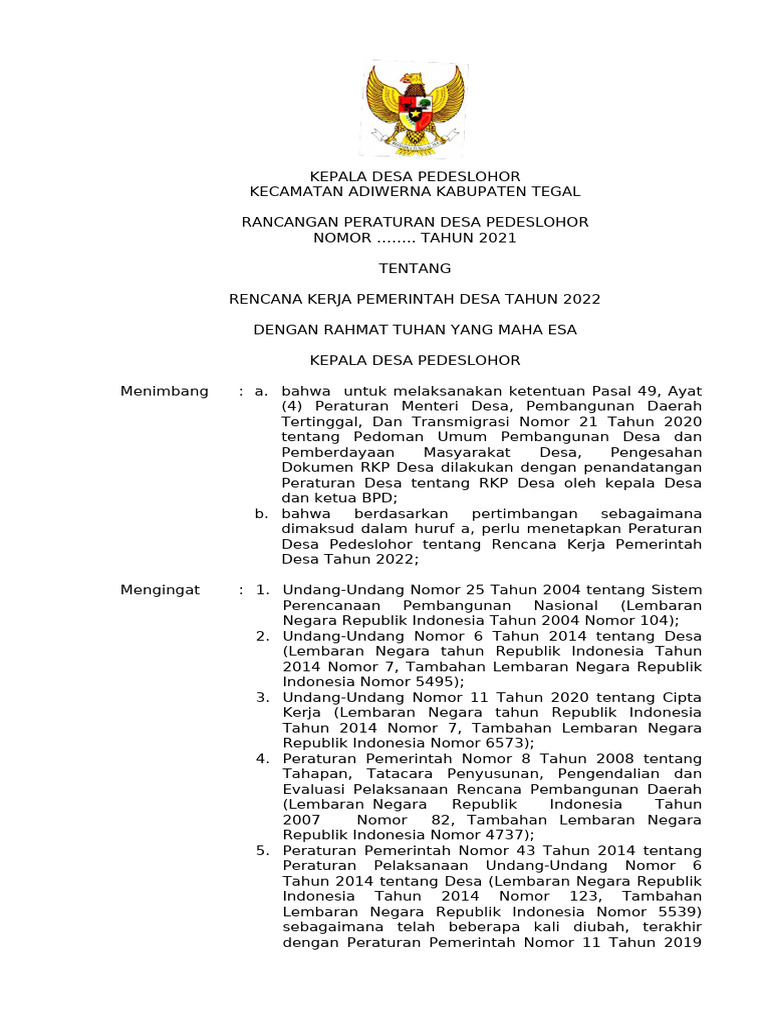 Rancangan Perdes RKP Desa 2022 | PDF