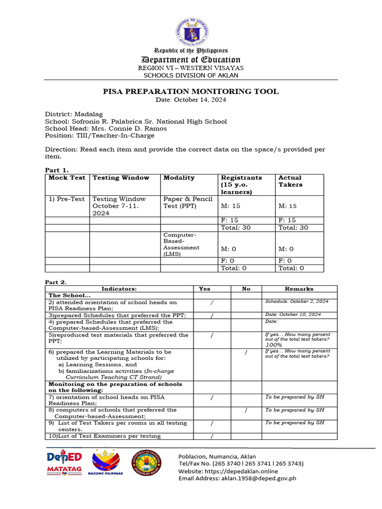 SRPSNHS-School-PISA-Readiness-ME-Tool | PDF | Cognition | Behavior Modification