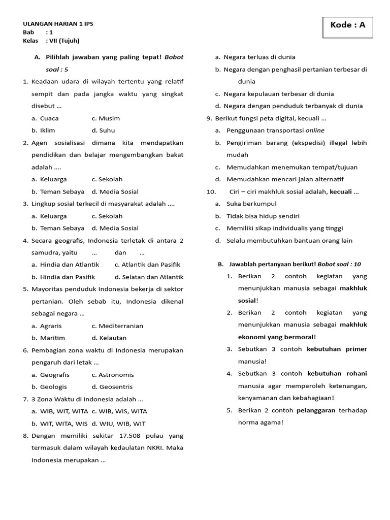Uh Ips Kelas 7 Kode A | PDF
