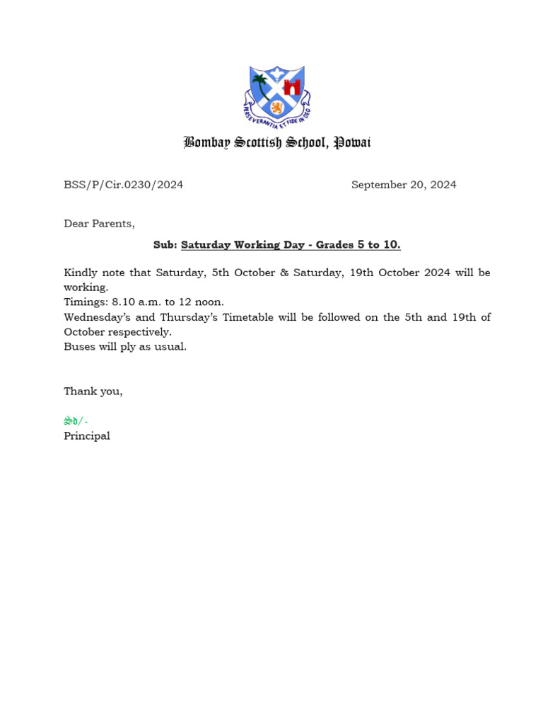 Circular 0230 - Saturday Working Day-Grade 5 To 10 | PDF