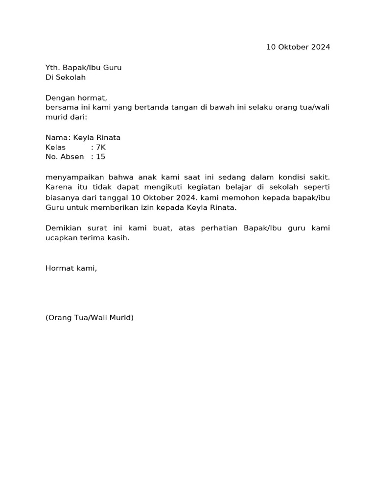 Surat Ijin Sakit Tidak Masuk Sekolah | PDF