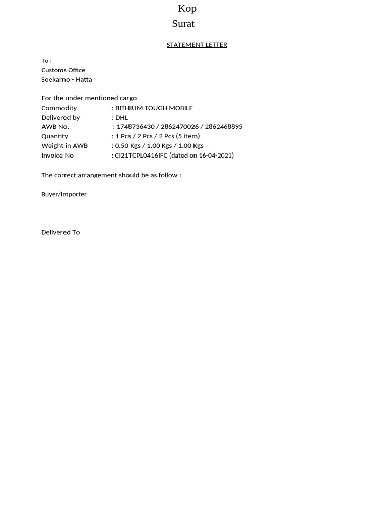 Contoh Statement Letter Dari Shipper | PDF
