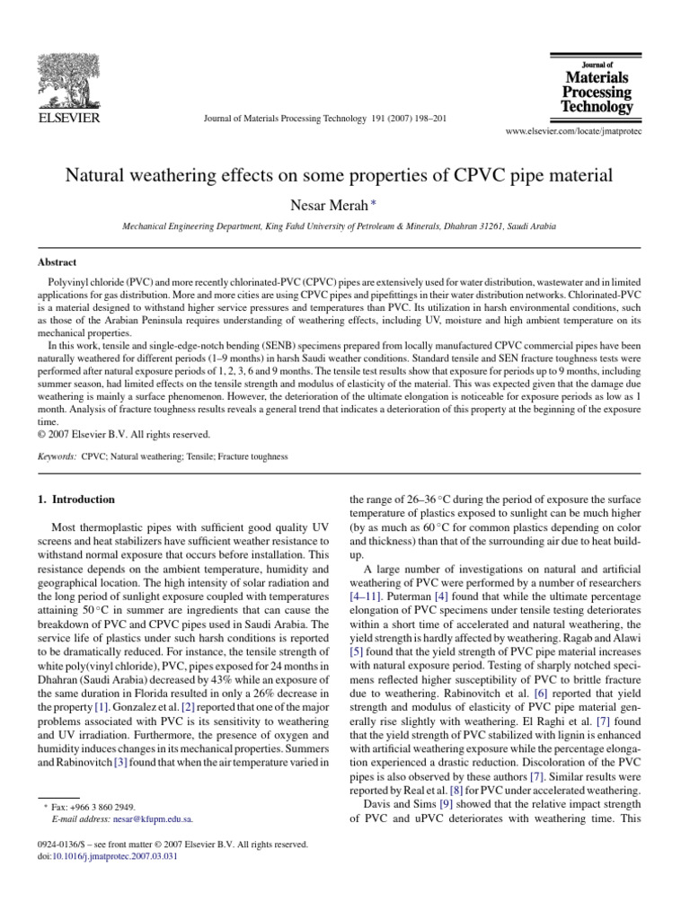 Natural Weathering Effects On Some Properties of CPVC Pipe Material ...