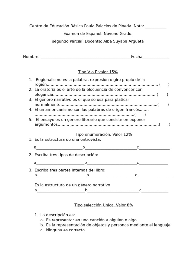 Examen de Español Noveno | PDF