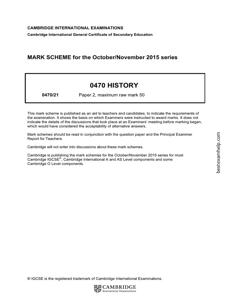 0470 HISTORY: MARK SCHEME For The October/November 2015 Series | PDF