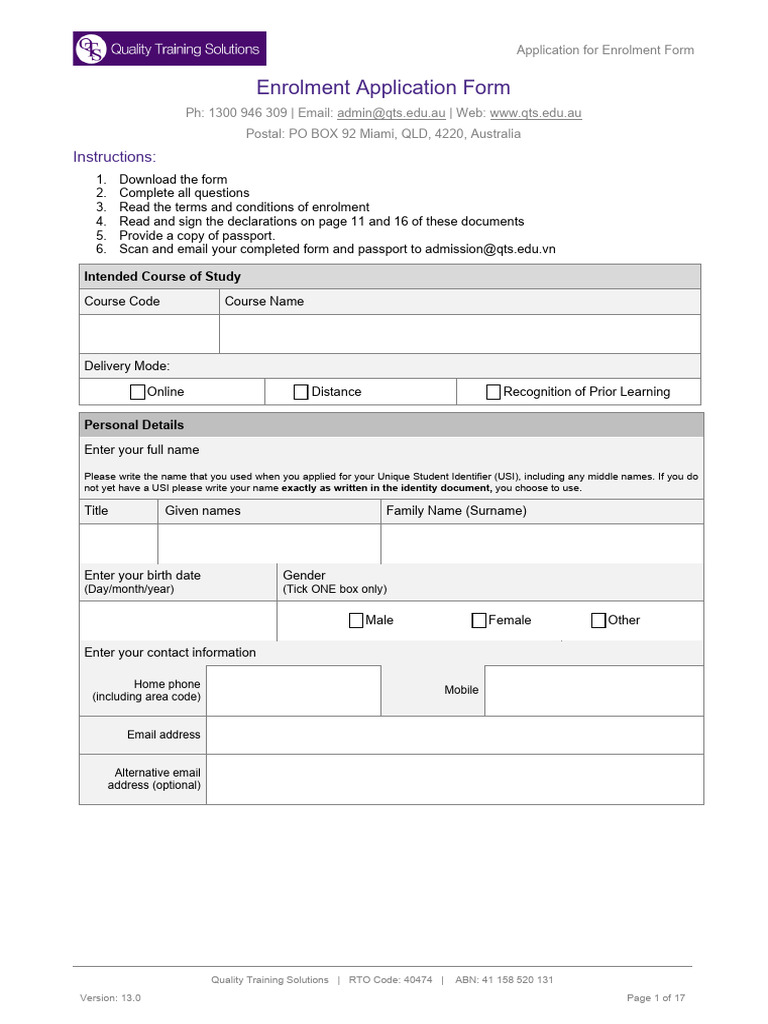 Enrolment Application Form QTS | PDF | Disability | Mental Disorder