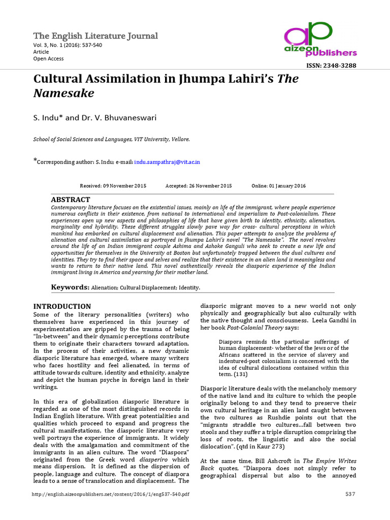 Cultural Assimilation in Jhumpa Lahiris | PDF